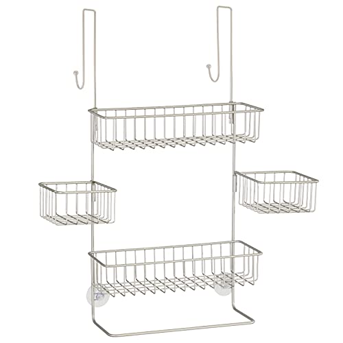 mDesign Steel Shower Caddy Hanging Shelf Rack Storage Organizer 4 Baskets, 2 Hooks for Bathroom, Dorm - Holds Shampoo, Conditioner, Soap Dispenser, Sponge - Klypon Collection - Matte Satin