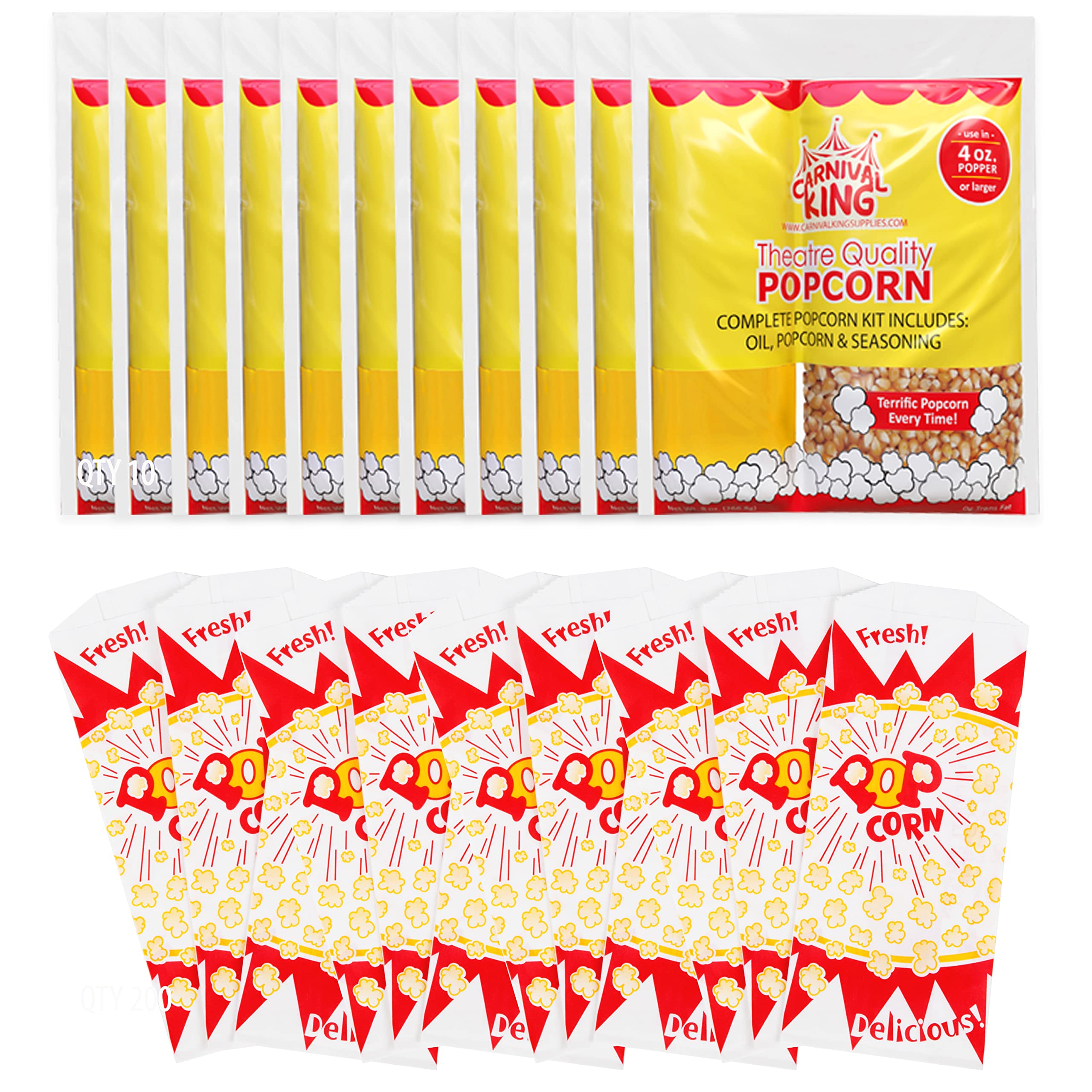 Popcorn Machine Supplies Set Refill, 10 Bags Of Popcorn Kernels Kit (Large Butterfly Kernels, Salt Seasoning, and Popcorn Oil), 200 Popcorn Bags (1 oz. Paper)