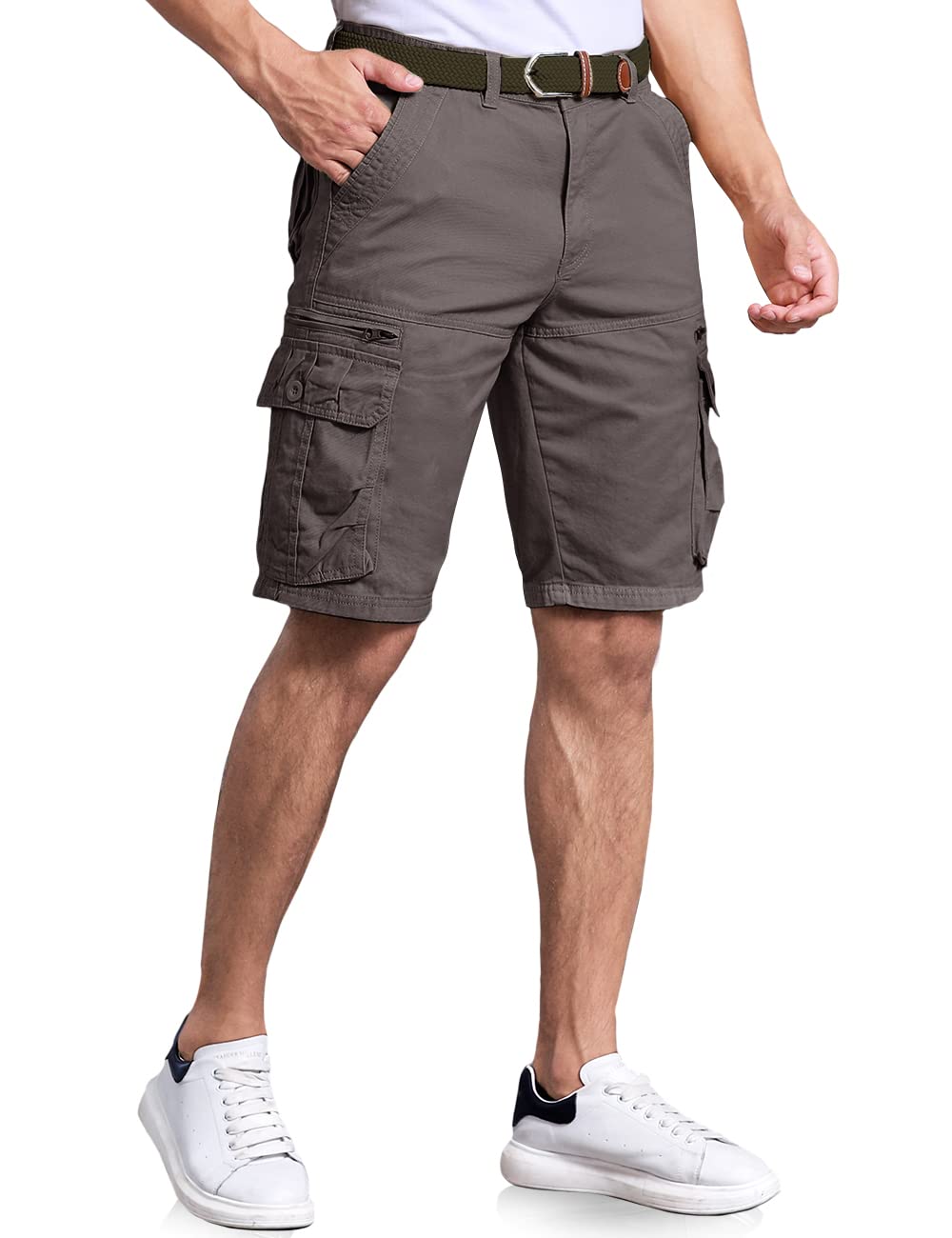 Mens Cargo Shorts Casual Work Shorts Multi Pockets Relaxed Fit with No Belt Cotton Grey Green 34