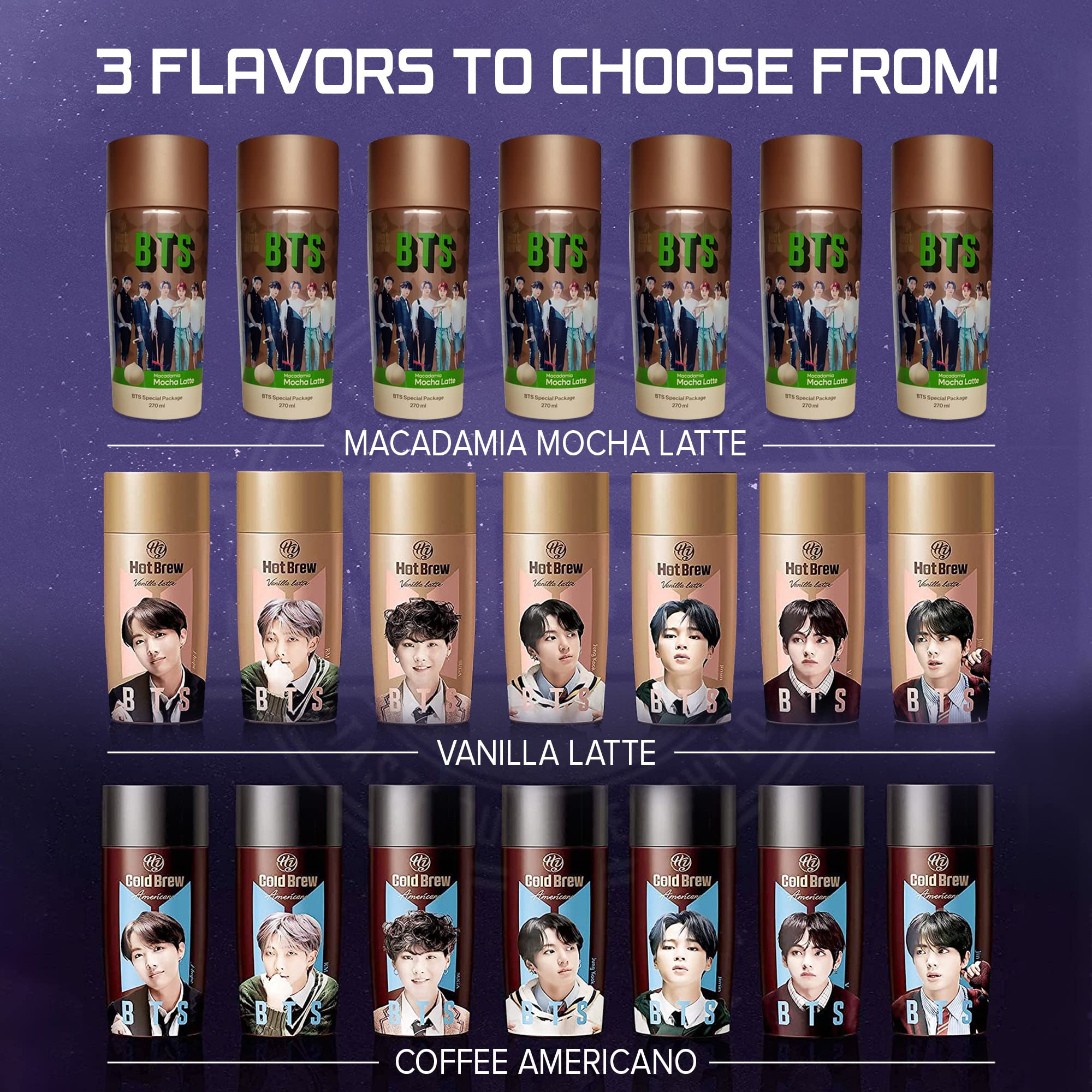 K-Munchies Paldo BTS Coffee - 7 x 270 mL BTS Cold Brew Coffee Americano Premium Package - Bottled Cold Coffee Drink - Instant Canned Coffee Cold Brew Beverages Featuring South Korea's Bangtan Boys