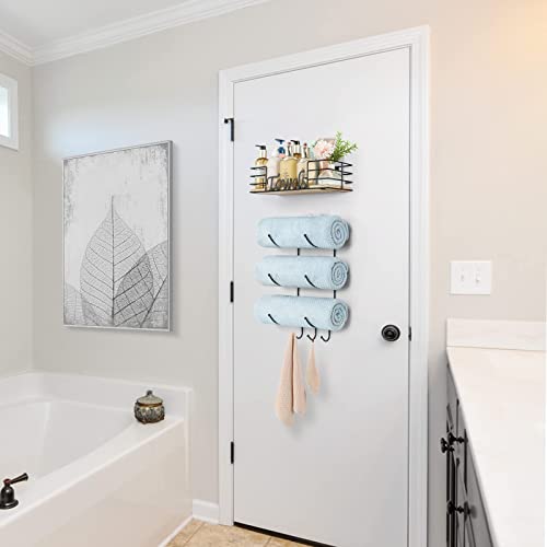 Towel Racks for Bathroom, Towel Holder Wall Mounted for Small Bathroom Wall, Roll Towel Rack with 3 Towel Hooks and Wooden Shelf, Drilling and No-Drill Installation Options Available, Black