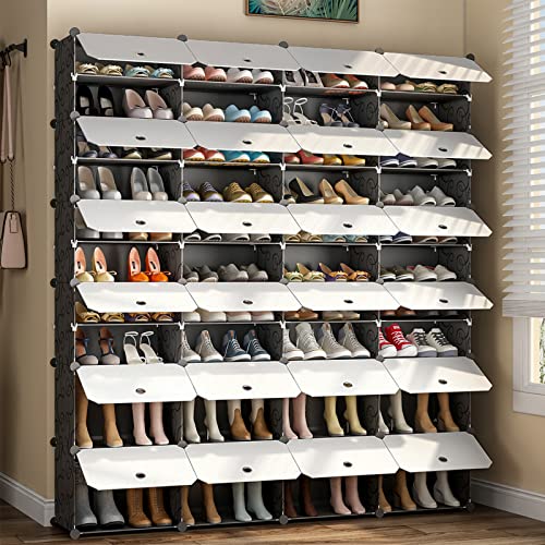 Aeitc 96 Pairs Shoe Rack Organizer Shoe Organizer Expandable Shoe Storage Cabinet Narrow Standing Stackable Space Saver Shoe Rack for Entryway, Closet with Hook and Side Shelf,White Door