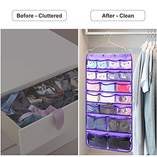 ANZORG Dual Sided Hanging Organizer for Jewelry Makeup Storage Closet Organizers for Bows Socks Underwear with 42 Clear Pockets (PURPLE)