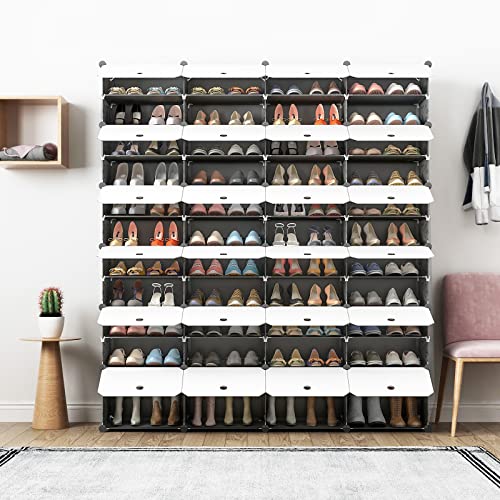 Aeitc 96 Pairs Shoe Rack Organizer Shoe Organizer Expandable Shoe Storage Cabinet Narrow Standing Stackable Space Saver Shoe Rack for Entryway, Closet with Hook and Side Shelf,White Door