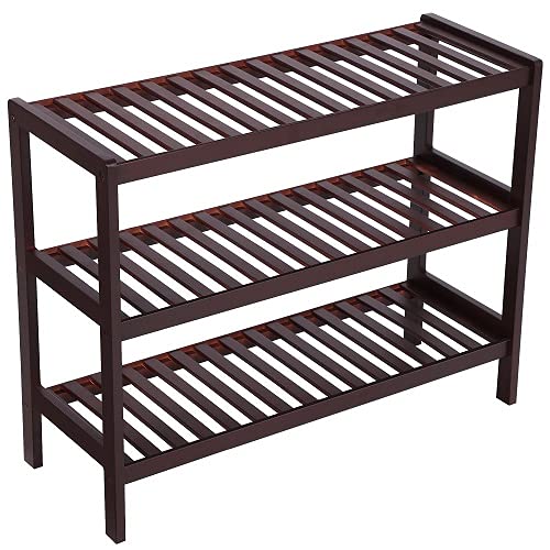 SONGMICS Bamboo Shoe Rack Bench, 3-Tier Shoe Organizer,Utility Storage Shelf Rack, Storage Shelf, 3-Shelf Shelving Unit,for Entryway Hallway Bathroom Living Room and Corridor Brown