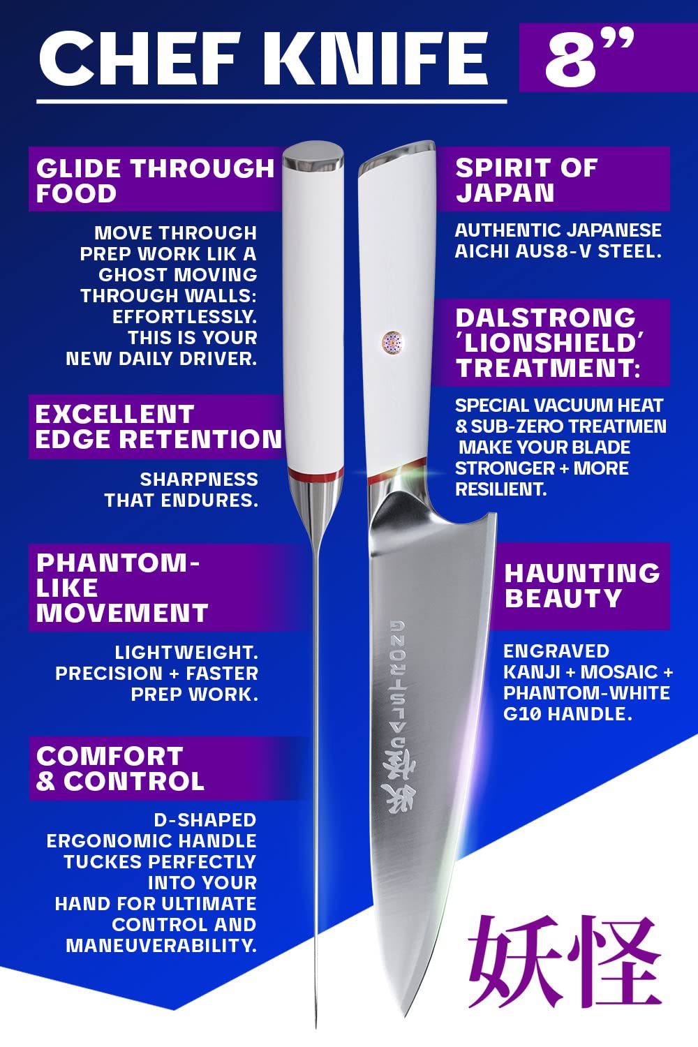 Dalstrong Chef Knife - 8 inch - Phantom Series - Japanese High-Carbon AUS8 Steel Kitchen Knife - White G10 Handle - Cooking Knife - w/Sheath