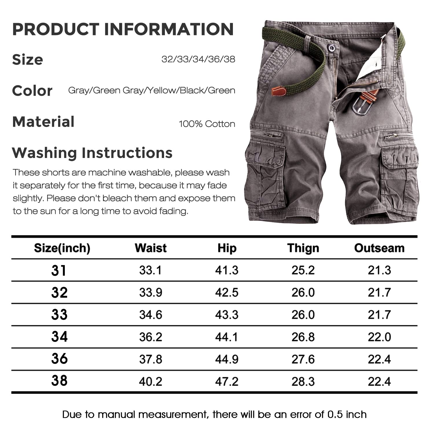 Mens Cargo Shorts Casual Work Shorts Multi Pockets Relaxed Fit with No Belt Cotton Grey Green 34