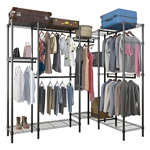 Karl home 70.8" H L-Shaped Freestanding Garment Rack, Adjustable Wire Clothes Rack Closet Organizer with 8 Shelves 6 Hanging Rods 4 Hooks, Heavy Duty Clothing Wardrobe Industrial Storage Black Metal