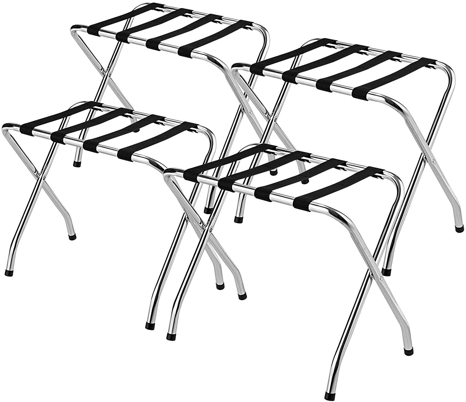 MAT EXPERT Folding Luggage Rack, No Assembly Required, 180lbs Capacity Luggage Holder w/ Nylon Straps & Non-slip Footpads, Chrome Suitcase Stand for Guest Room Home Bedroom Hotel, Set of 4, Silver