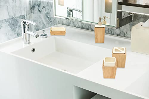 Homiu Bath Set Bamboo and Porcelain, 4 Piece Soap Dish, Toothbrush Holder, Tumbler, Liquid Soap/ Lotion Dispenser, Bathroom Accessories Modern Design, White