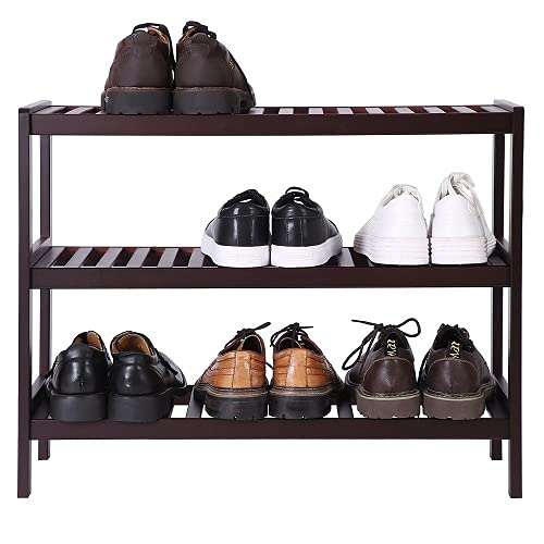 SONGMICS Bamboo Shoe Rack Bench, 3-Tier Shoe Organizer,Utility Storage Shelf Rack, Storage Shelf, 3-Shelf Shelving Unit,for Entryway Hallway Bathroom Living Room and Corridor Brown