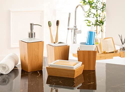 Homiu Bath Set Bamboo and Porcelain, 4 Piece Soap Dish, Toothbrush Holder, Tumbler, Liquid Soap/ Lotion Dispenser, Bathroom Accessories Modern Design, White