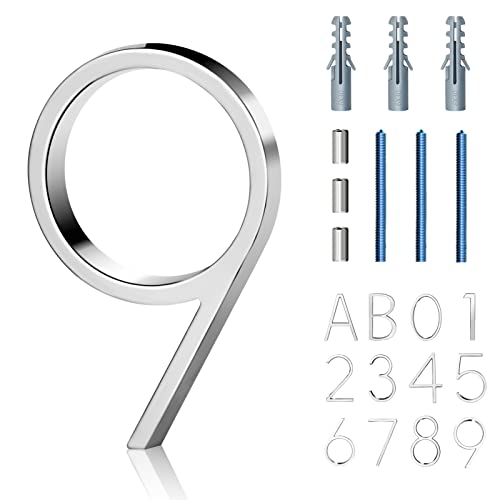 House Numbers for Outside, Gibolin 5 Inch Silver Floating Metal Modern Address Numbers Garden Door Mailbox Decor Anti-Rust Visibility Signage with Nail Kit, Number 9