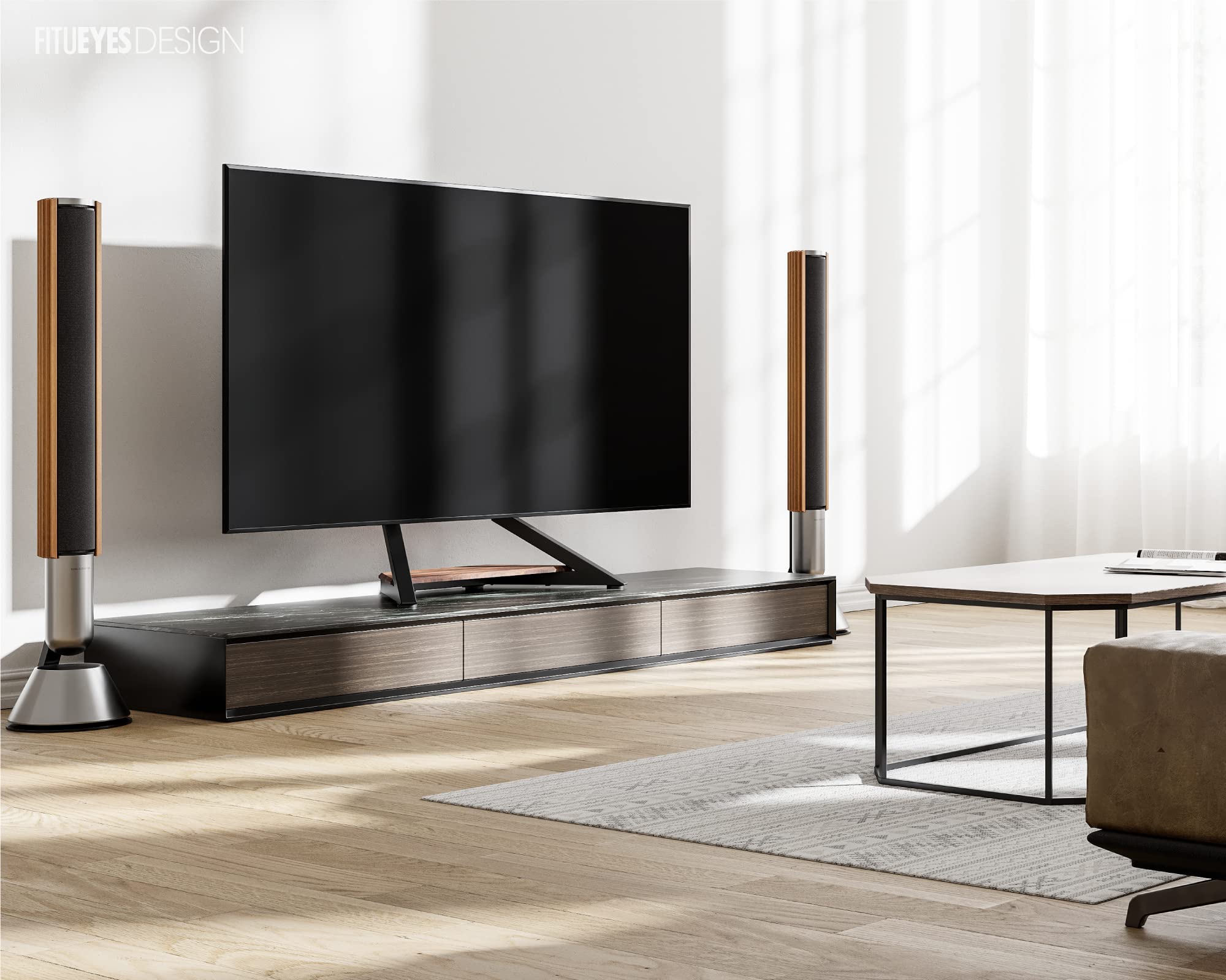 FITUEYES Design Universal Tabletop TV Stand for 55-86 inch TV LCD LED, Modern TV Stand Height Adjustable with Wooden Base, Eiffel Series TV Mount Stand