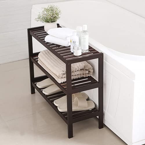 SONGMICS Bamboo Shoe Rack Bench, 3-Tier Shoe Organizer,Utility Storage Shelf Rack, Storage Shelf, 3-Shelf Shelving Unit,for Entryway Hallway Bathroom Living Room and Corridor Brown