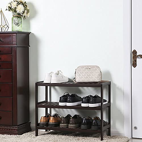 SONGMICS Bamboo Shoe Rack Bench, 3-Tier Shoe Organizer,Utility Storage Shelf Rack, Storage Shelf, 3-Shelf Shelving Unit,for Entryway Hallway Bathroom Living Room and Corridor Brown