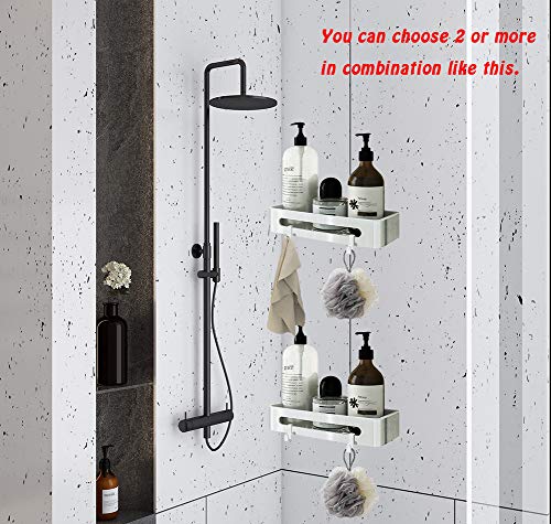Mihom Shower Caddy Basket Rectangle Shelf With Hooks for Hanging Sponge, With two install ways for customers option of No Drilling holes Wall Mounted Bathroom Shelves, SUS304 Stainless Steel