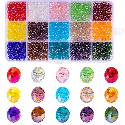 1500 pcs 4mm Briolette Crystal Glass Beads for Jewelry Making 15 Plating Colors Faceted Rondelle Shape Spacer Beads for Bracelets Necklaces Earrings, with Container Box