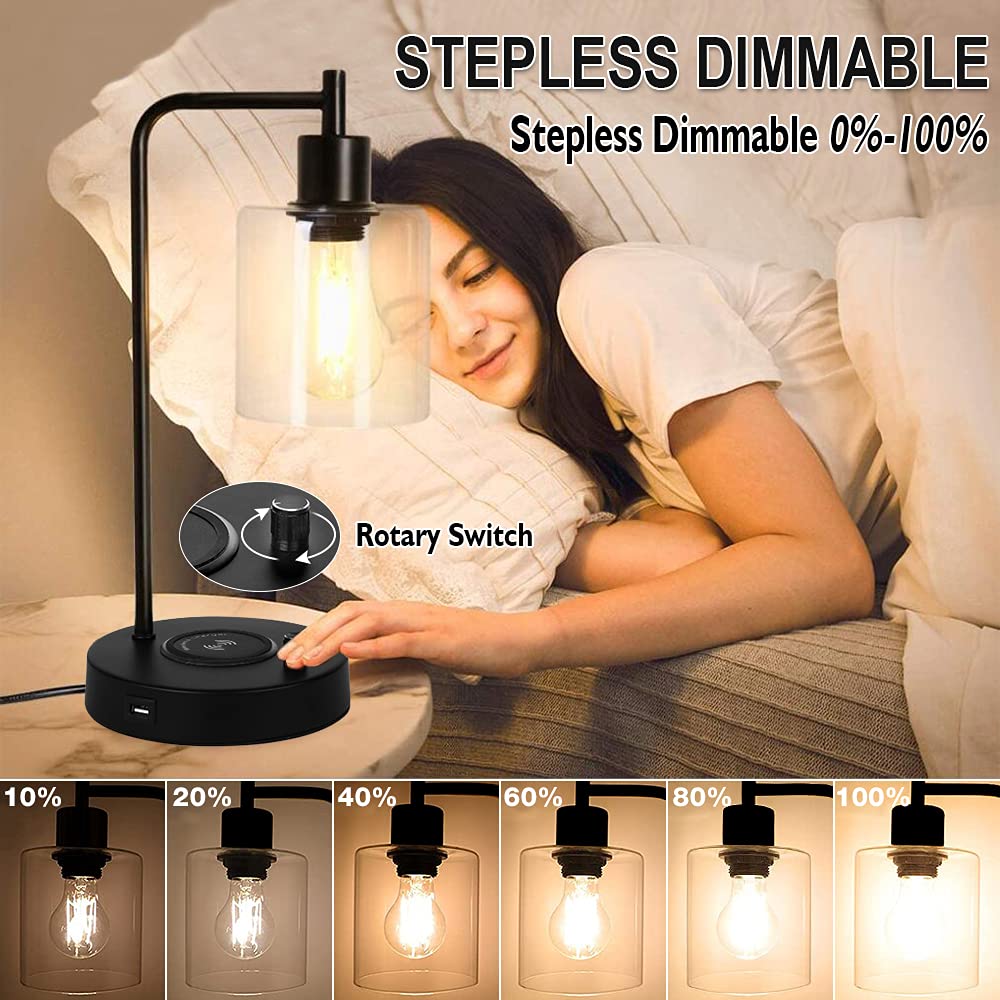 E-Senior Set of 2 Industrial Table Lamp, Wireless Charging Nightstand Lamp, Bedside Lamp with USB, Fully Stepless Dimmable Table Lamp for Bedroom Living Room Office (LED Bulbs Included)