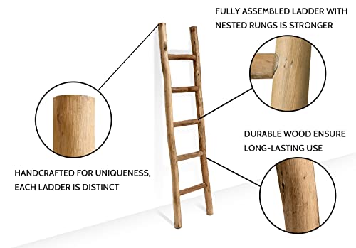 FUIN Fully Assembled 5 Ft Wood Decorative Wall Leaning Blanket Ladders Bathroom Storage Quilt Towel Display Rack Shelf Holder Rustic Farmhouse, Brown