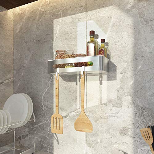 Mihom Shower Caddy Basket Rectangle Shelf With Hooks for Hanging Sponge, With two install ways for customers option of No Drilling holes Wall Mounted Bathroom Shelves, SUS304 Stainless Steel
