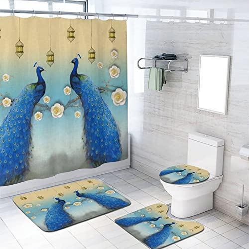 Zmcongz Peacock Shower Curtain Set with Rugs for Bathroom Decor Retro Style Blue Feather Birds Lanterns Flower Bathroom Decor Bath Curtain with Rugs Toilet Lid Cover Bath Mat, 72x72 Inch