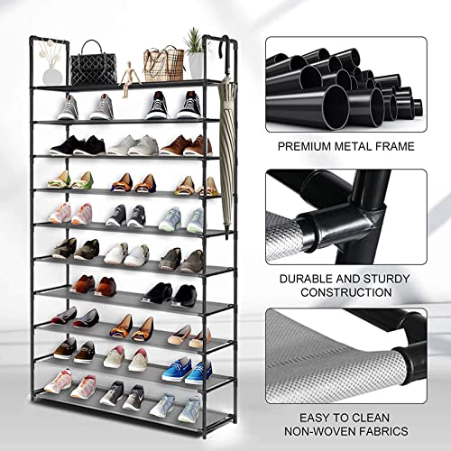 COMHOMA Shoe Rack 10 Tiers Large Shoe Rack Organizer for 50 Pairs Space Saving Shoe Shelf Non-Woven Fabric Shoe Storage Cabinet Adjustable GRAY