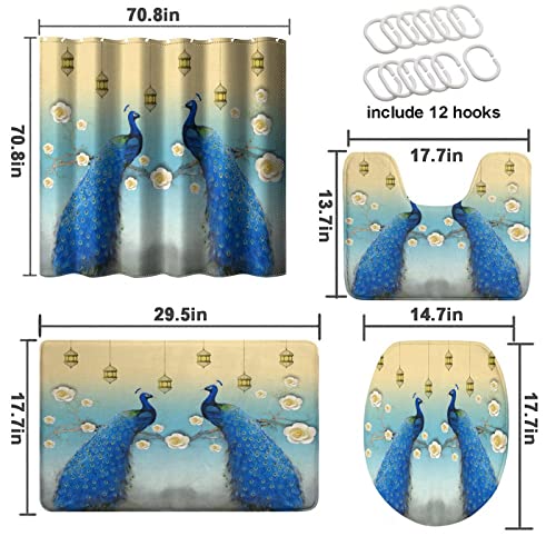 Zmcongz Peacock Shower Curtain Set with Rugs for Bathroom Decor Retro Style Blue Feather Birds Lanterns Flower Bathroom Decor Bath Curtain with Rugs Toilet Lid Cover Bath Mat, 72x72 Inch