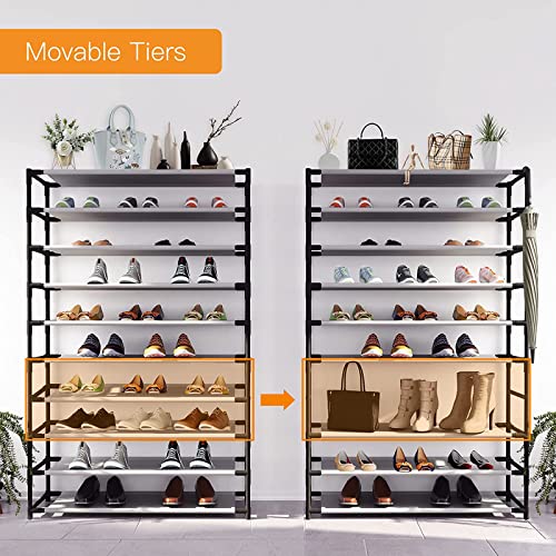 COMHOMA Shoe Rack 10 Tiers Large Shoe Rack Organizer for 50 Pairs Space Saving Shoe Shelf Non-Woven Fabric Shoe Storage Cabinet Adjustable GRAY