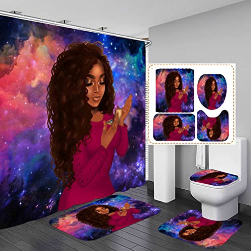 African American Shower Curtains for Bathroom, Black Girl Bathroom Sets with Shower Curtain and Rugs and Accessories, 4PCS Colorful Bathroom Decor Sets (Blue)