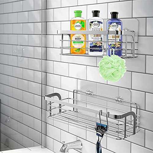 Adhesive Shower Caddy (2 Pack), Bathroom Shelves with 2 Double-Hooks, 100% SUS304 Stainless Steel Bathroom Organizer for Organization and Storage, Silver…