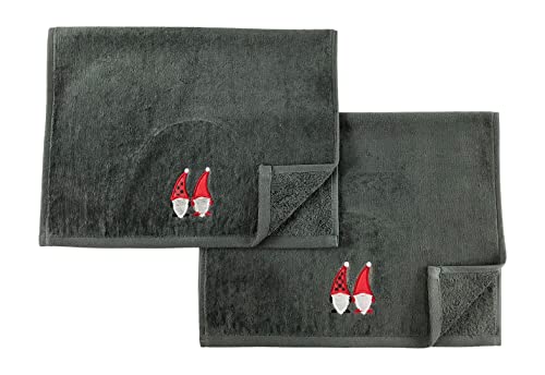 Christmas Gnomes Towel Set: Dark Grey Hand Towels with Red White Embroidery Jolly Nordic Gnome, Set of 2