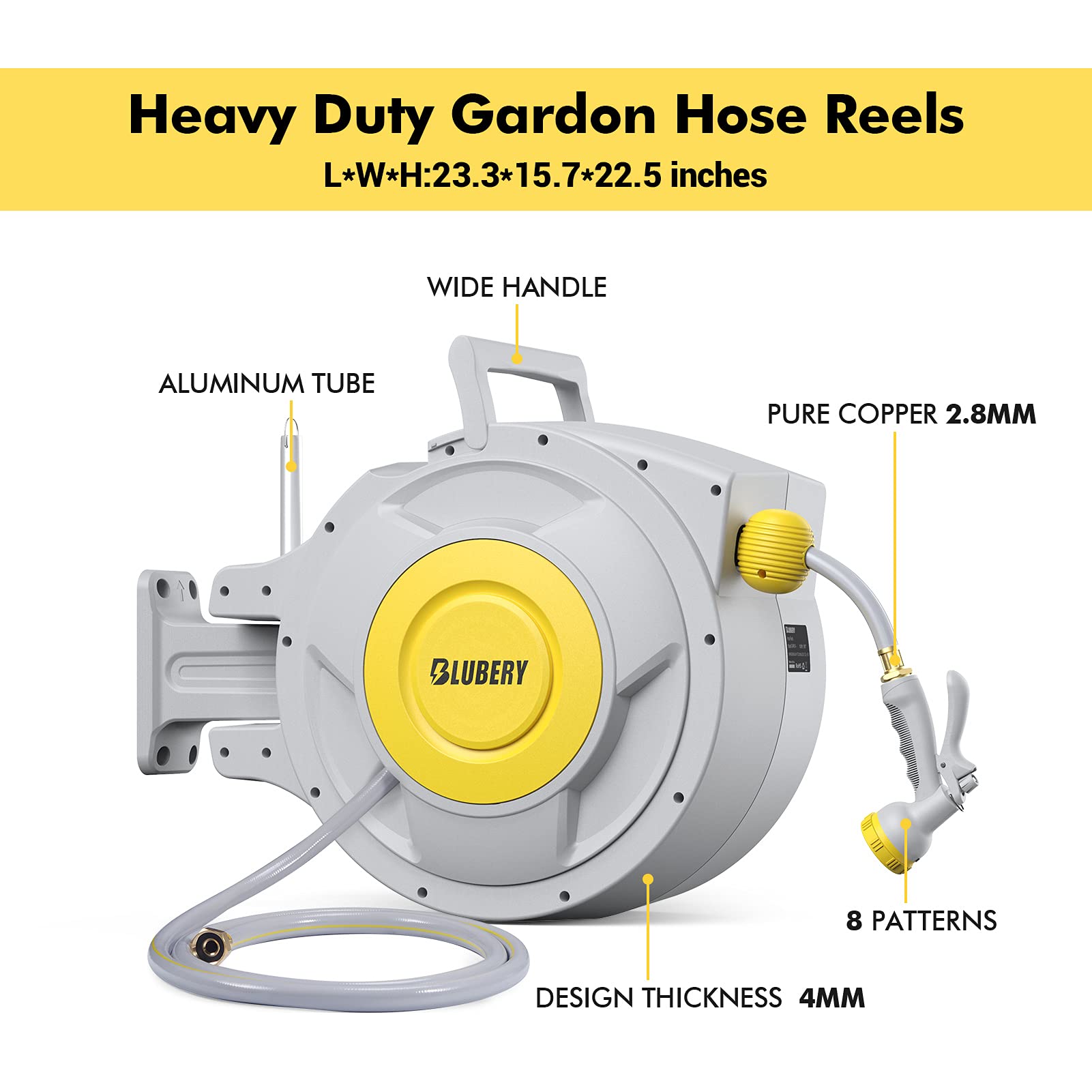 BLUBERY 5/8" x 100+6.7ft Retractable Garden Hose Reel with Slow Return System, Heavy-Duty Wall-Mounted 39.3LB, 10" Handle, 180° Swivel Bracket, Any Length Lock