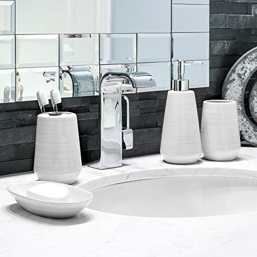 Willow&Ivory Bathroom Accessories Set | 4 Piece, Ceramic Bath Set | Toothbrush Holder, Soap Dispenser, Soap Dish & Tumbler | White Oak Collection