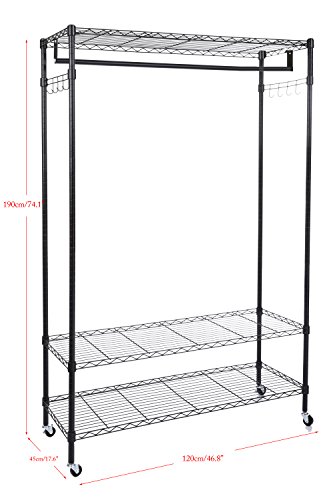 Oliote Rod Garment Rack 3 Tier Metal Wire Shelving Hang Large Rolling Movable Clothes Drying Rack with Lockable Wheels and Pair Side Hooks