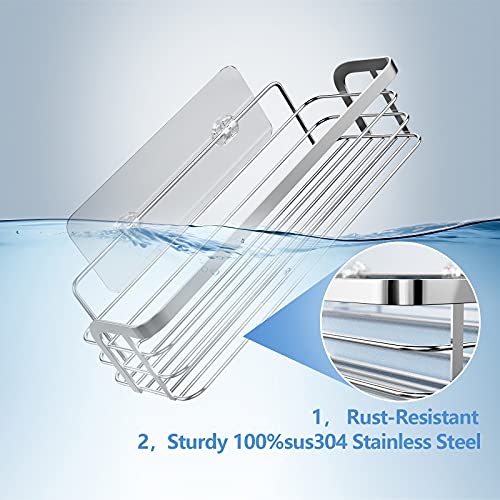Adhesive Shower Caddy (2 Pack), Bathroom Shelves with 2 Double-Hooks, 100% SUS304 Stainless Steel Bathroom Organizer for Organization and Storage, Silver…