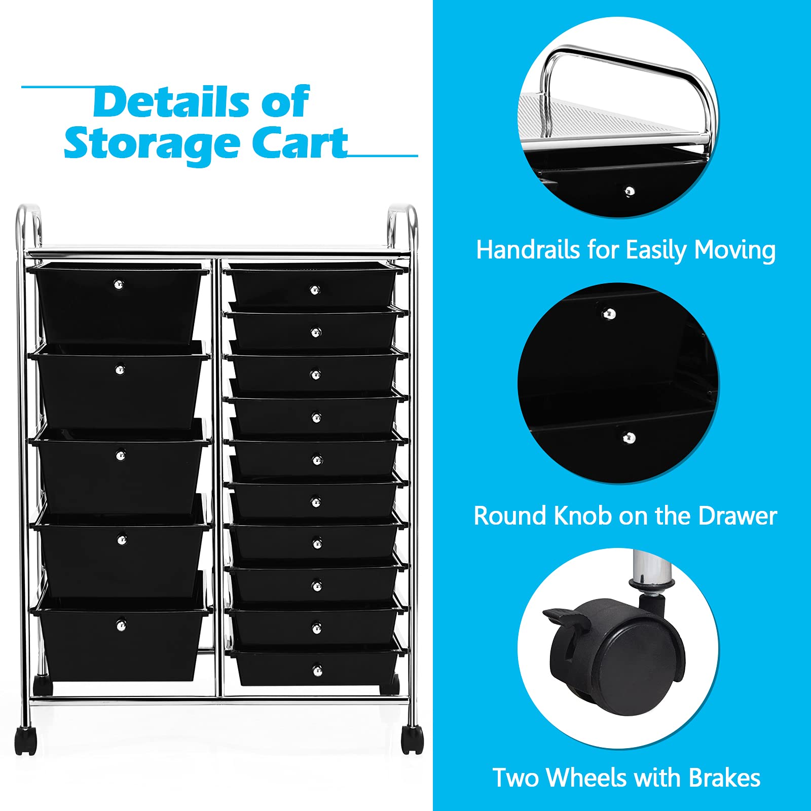 GOFLAME 15-Drawer Rolling Storage Cart, Multipurpose Movable Organizer Cart, Utility Cart for Home, Office, School, Black
