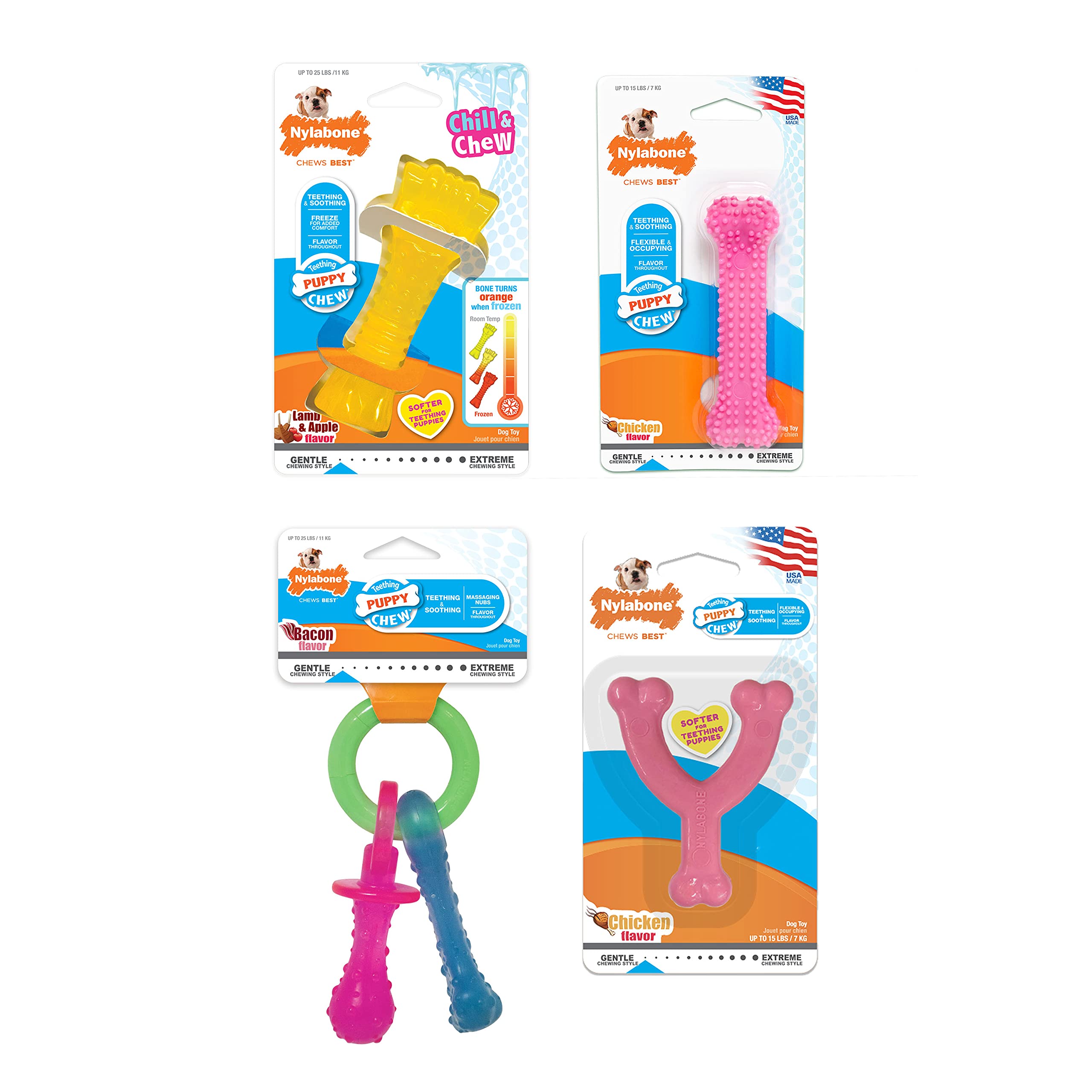 Nylabone New Puppy Chew Toy Bundle, Toys for Teething Puppies, Chicken & Bacon Flavors, Pink, X-Small - Up to 15 lbs, 4 Pack