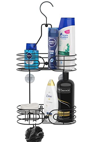 SKATCO Hanging Shower Caddy - 2-Tier Rust-Resistant Stainless Steel Shelves Chrome Rack Organizer Bathroom Basket Storage Holds Shampoo, Conditioner, Soap, Bath Sponge, Razors, Washcloths - BLACK