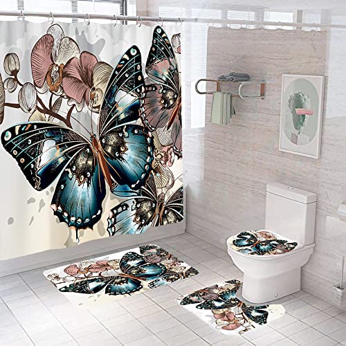 Ujoyen 4 Pcs Monarch Butterflies Shower Curtain Set with Non-Slip Rugs, Toilet Lid Cover and Bath Mat Colorful Floral with Butterflies Shower Curtain Bathroom Decor with Hooks Turquoise-L
