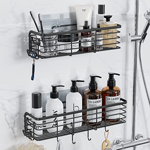 Tindbea Shower Caddy, Adhesive Shower Shelves with 6 Hooks, Bathroom Shower Organizer Racks No Drilling, Rustproof Stainless Steel Shower Storage Shelf for Inside Shower, 2 Pack, Matte Black