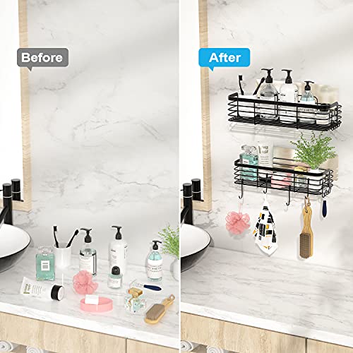 Tindbea Shower Caddy, Adhesive Shower Shelves with 6 Hooks, Bathroom Shower Organizer Racks No Drilling, Rustproof Stainless Steel Shower Storage Shelf for Inside Shower, 2 Pack, Matte Black