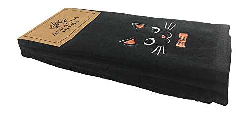 Decorative Halloween Hand Towels: Black Plush Velour Cotton Embroidered Design, Set of 2 (Cat)
