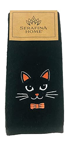 Decorative Halloween Hand Towels: Black Plush Velour Cotton Embroidered Design, Set of 2 (Cat)