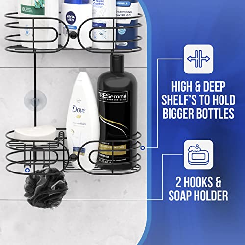 SKATCO Hanging Shower Caddy - 2-Tier Rust-Resistant Stainless Steel Shelves Chrome Rack Organizer Bathroom Basket Storage Holds Shampoo, Conditioner, Soap, Bath Sponge, Razors, Washcloths - BLACK