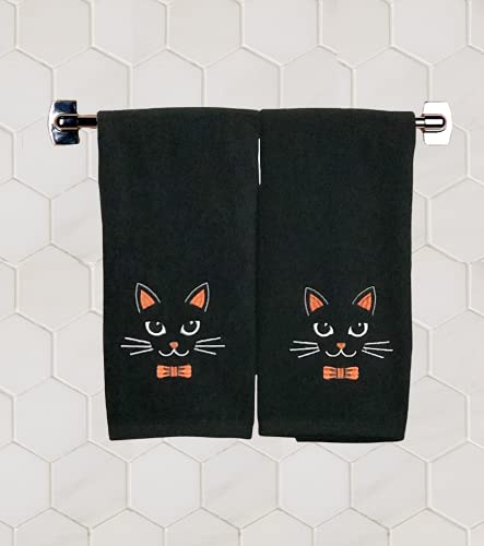 Decorative Halloween Hand Towels: Black Plush Velour Cotton Embroidered Design, Set of 2 (Cat)