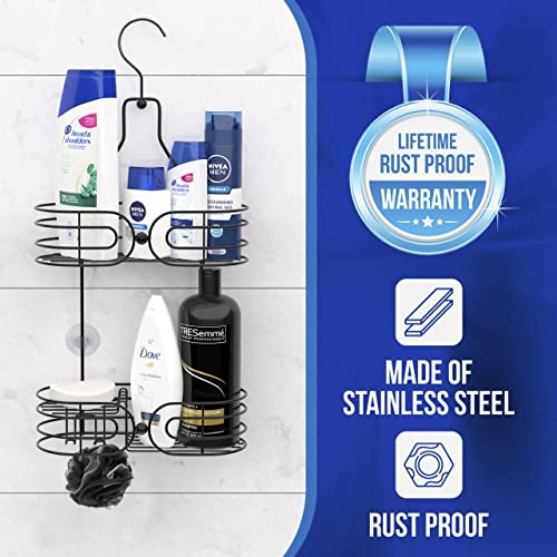 SKATCO Hanging Shower Caddy - 2-Tier Rust-Resistant Stainless Steel Shelves Chrome Rack Organizer Bathroom Basket Storage Holds Shampoo, Conditioner, Soap, Bath Sponge, Razors, Washcloths - BLACK