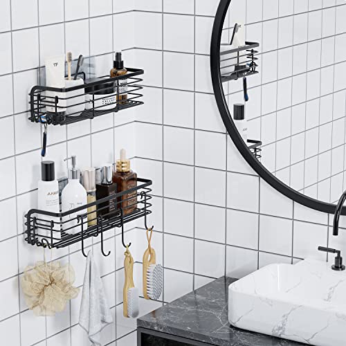 Tindbea Shower Caddy, Adhesive Shower Shelves with 6 Hooks, Bathroom Shower Organizer Racks No Drilling, Rustproof Stainless Steel Shower Storage Shelf for Inside Shower, 2 Pack, Matte Black