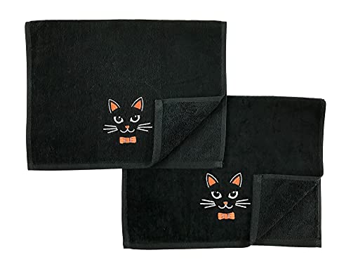 Decorative Halloween Hand Towels: Black Plush Velour Cotton Embroidered Design, Set of 2 (Cat)