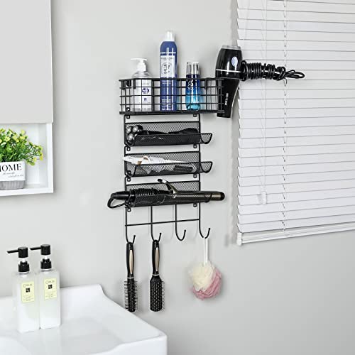 Wall-Mounted Hair Dryer Holder Styling Tool Organizer 4-Shelf Storage Wire Basket with Hook Heat Safe Rack for Hair Straighteners,Curling Wands,Flat Iron,Perfume,Cabinet Door Bathroom Kitchen